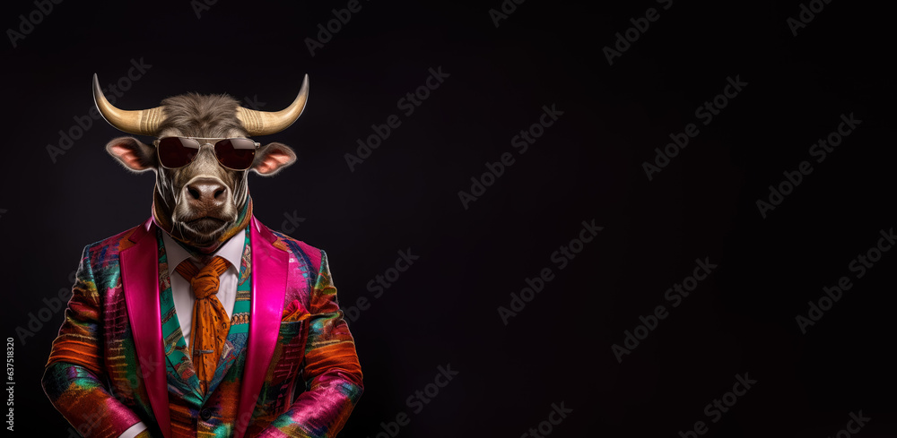 Cool looking bull with horns wearing funky fashion dress - jacket, tie ...