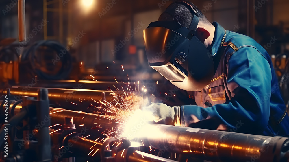 Gros plan sur un soudeur qui soude un tuyau d'une centrale nucléaire ...