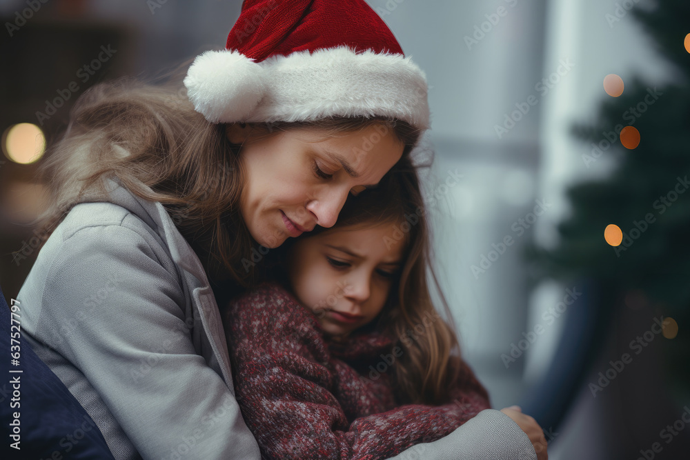 Sad Christmas. Mother hugs her son and wants to comfort him and cheer ...