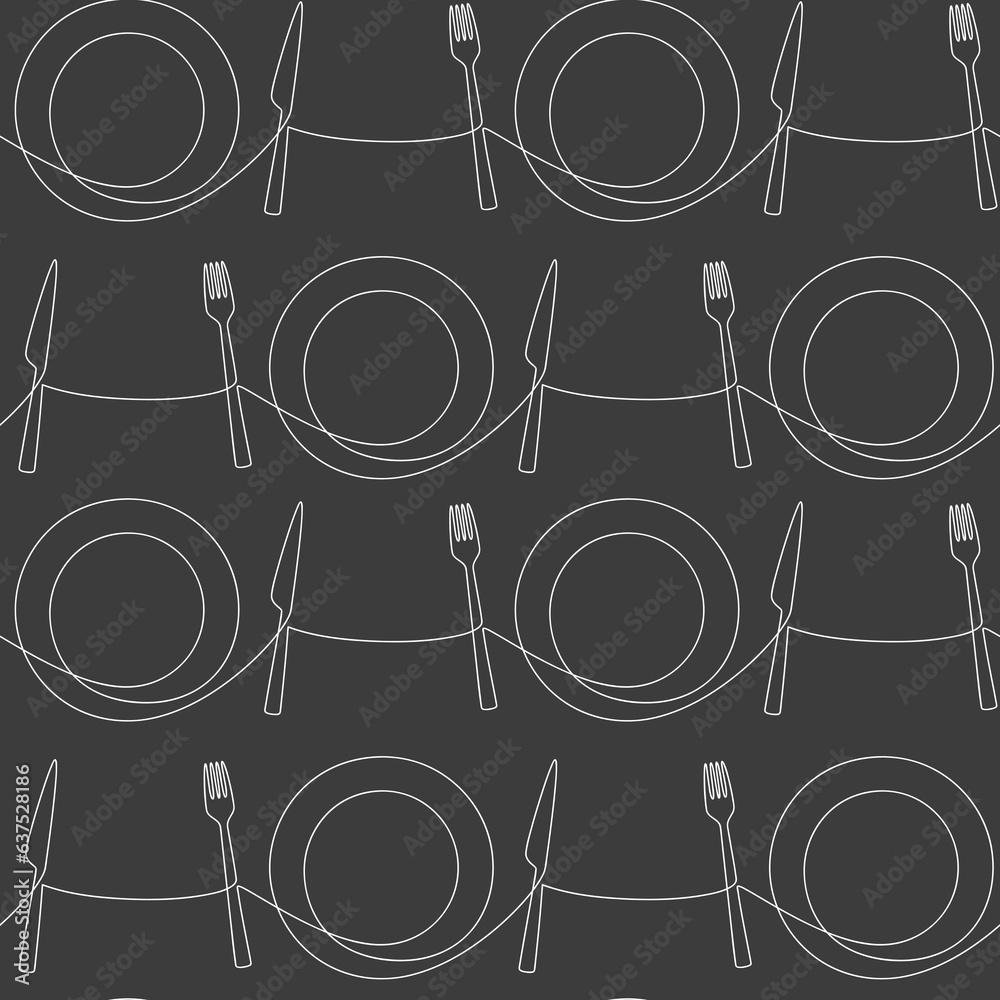 Tableware background. Cutlery seamless pattern vector. Line continuous ...