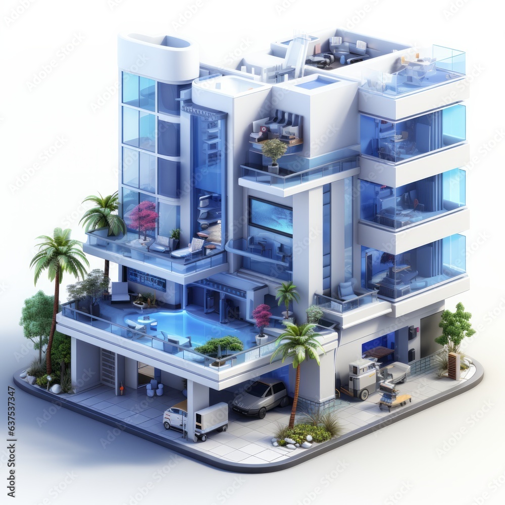 3D model a blue modern hotel with swimming pool and palms, isometric ...