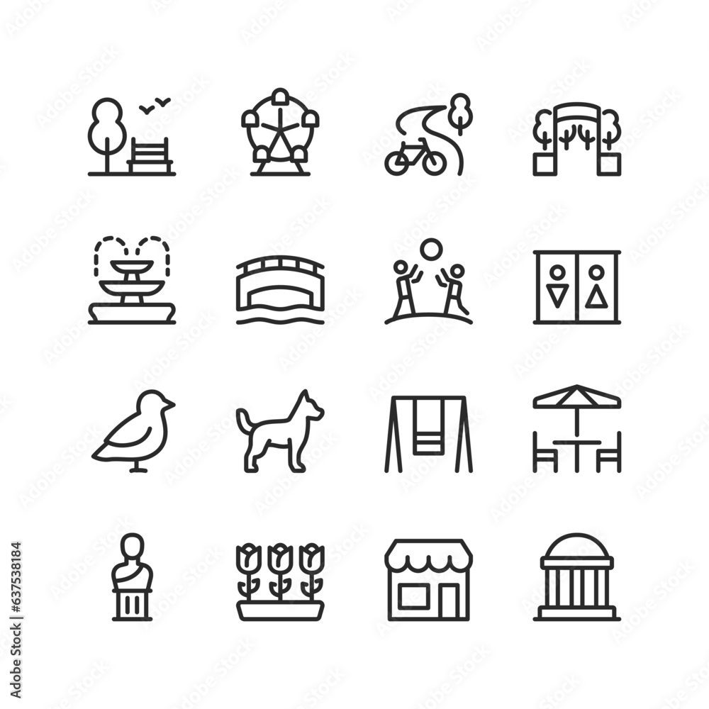 Park, linear icons set. City Park. Public space for recreation ...