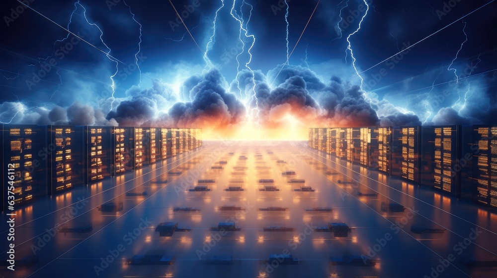 A cloud-filled sky with virtual servers and data centers interconnected ...
