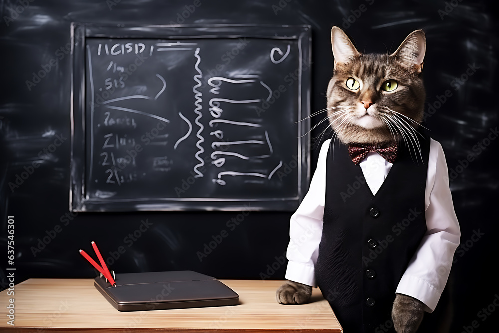 The cat teacher in a white shirt and vest poses against the background ...