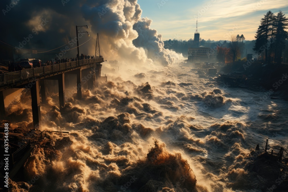 Harrowing scenes of large river floods and devastating floods Stock ...