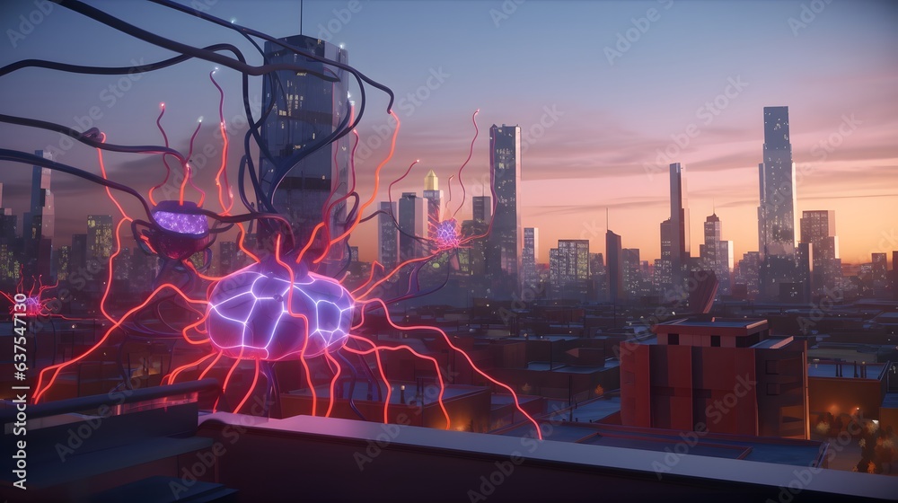 City civilization and neuro cell, urbann neural brain illustration ...