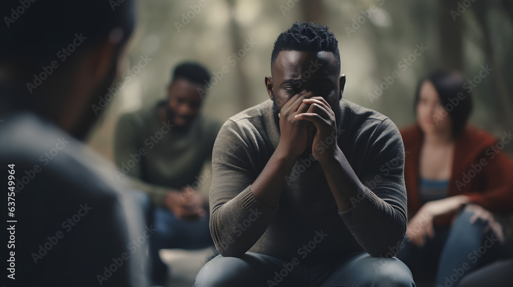 Sad anxiety depressed black man at support group meeting for mental ...