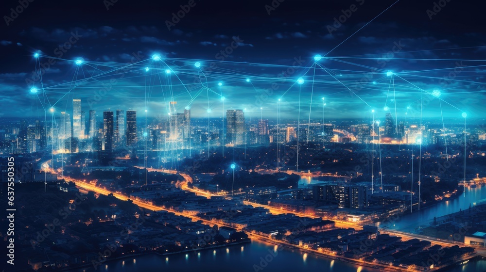 A cityscape with sensors and data lines, representing the concept of a ...