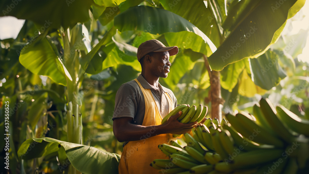 Happy smiling African-American worker holding organic ripe bananas on a ...