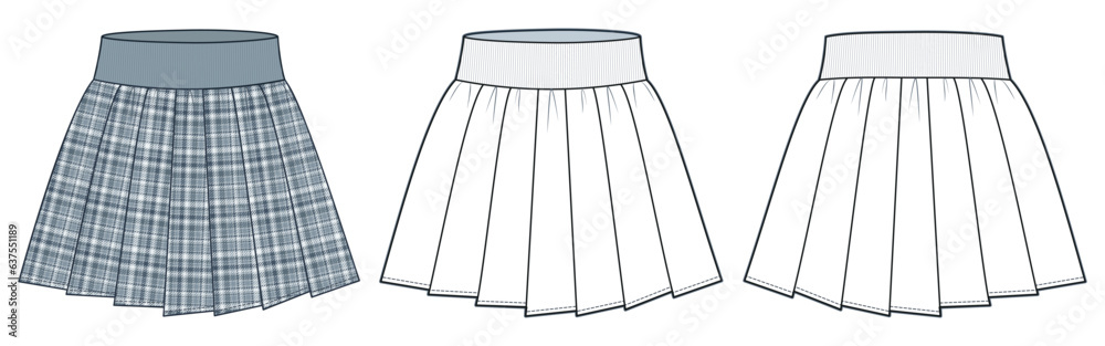 Pleat Skirt technical fashion illustration, plaid pattern. Mini Skirt ...