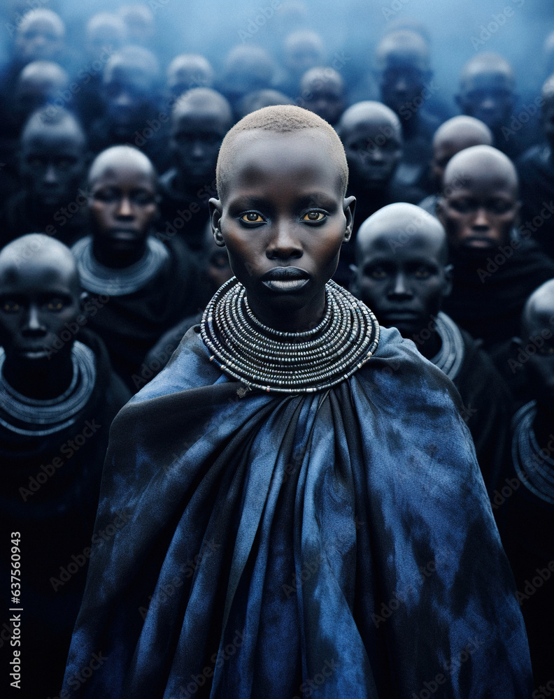 An ancient tribe of men in native costumes and characteristic jewelry ...