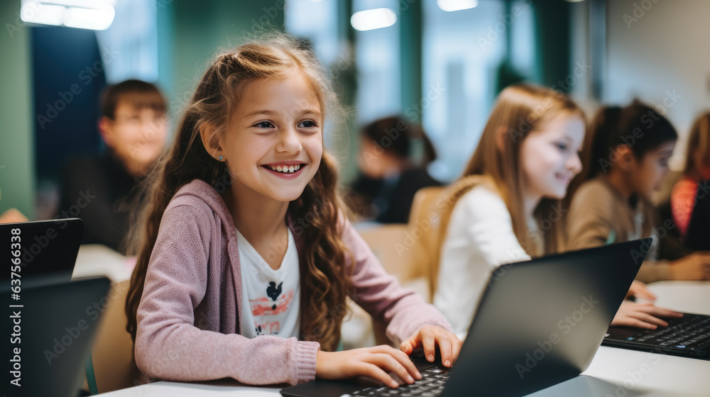 Happy young girls sitting in a coding class, learning basic programming ...