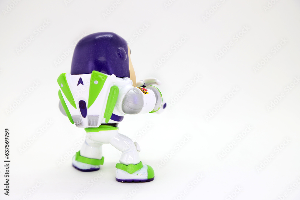 Character from the movie Lightyear. Buzz Lightyear toy doll from behind ...