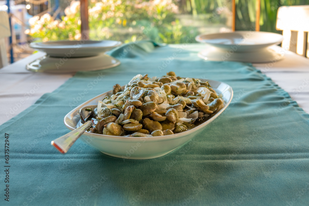 Traditional Turkish food; Fresh broad bean salad with olive oil, broad ...