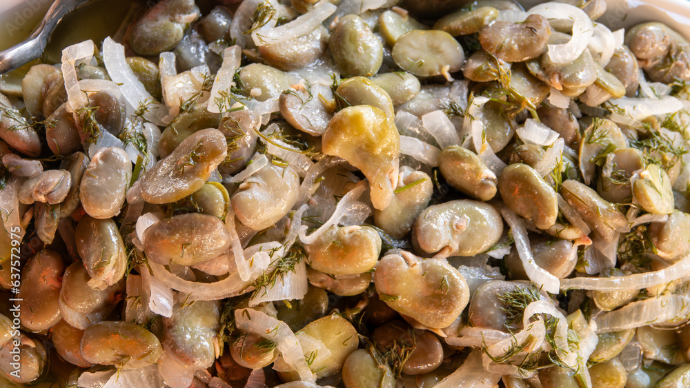 Traditional Turkish food; Fresh broad bean salad with olive oil, broad ...