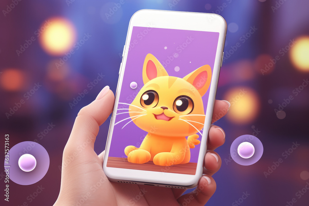 Person's hand holds a smartphone displaying a cute cartoon cat ...