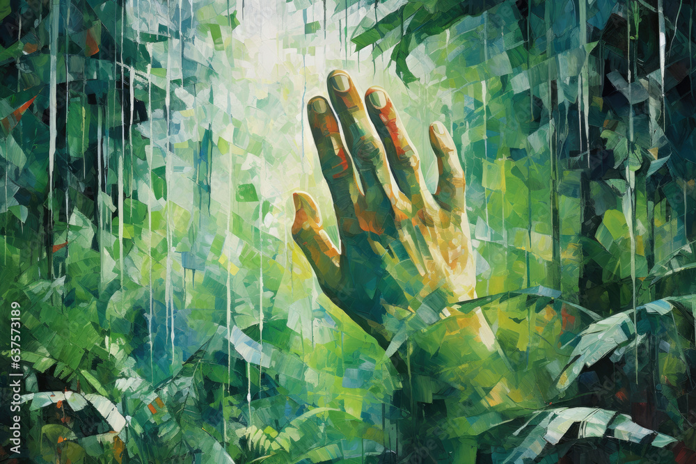 Surreal painting capturing the symbolism of hand extending from a tree ...