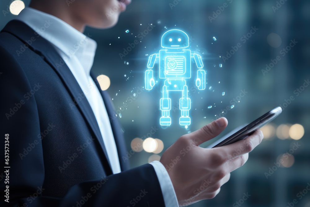 Virtual AI assistant concept, this image showcases a person holding a ...