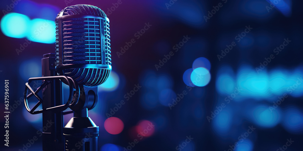 Microphone, close up shot, neon blue color palette. Microphone on ...