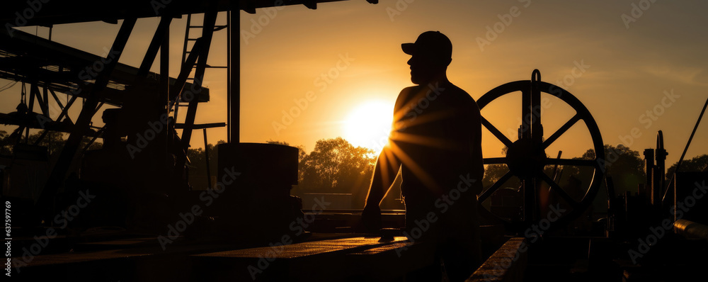 A silhouette outline of a Millwright on the horizon. The sun behind ...