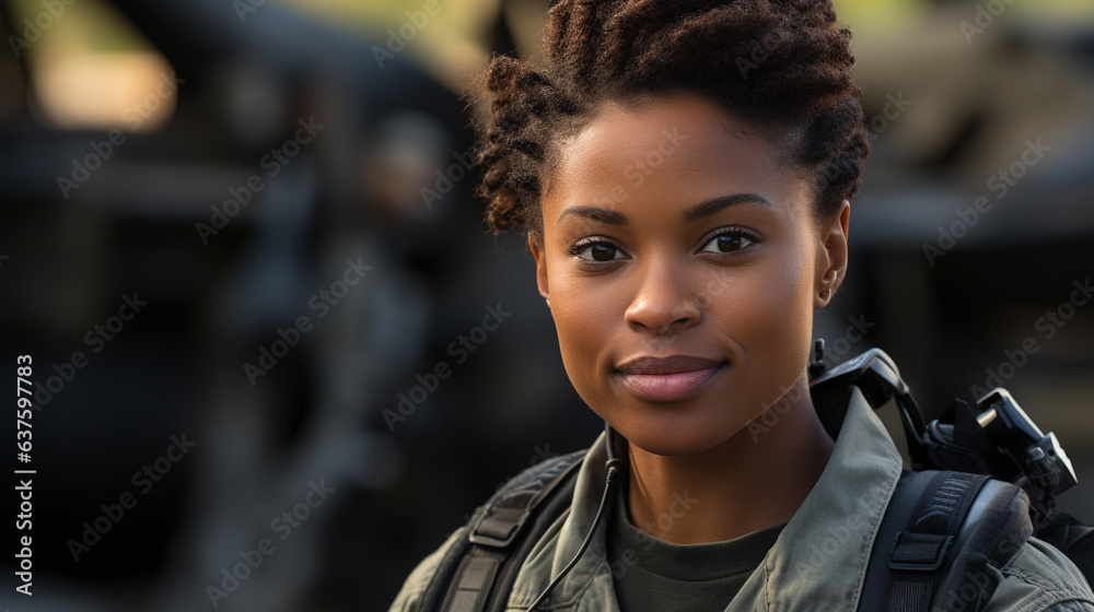 Female African American fighter pilot soldier stands outside her ...