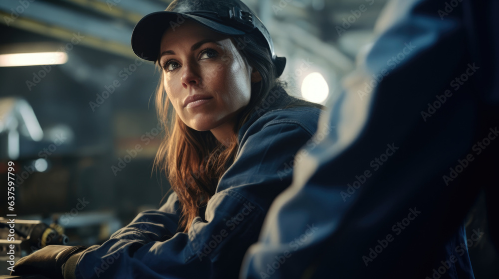 A Boilermaker gazes intently at the work in front of her her welding ...