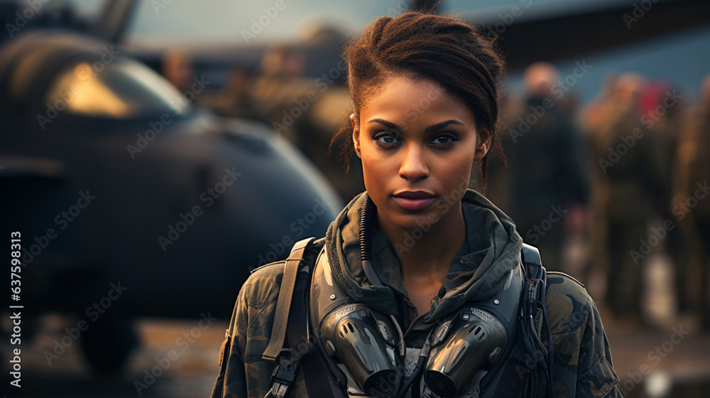 Female African American fighter pilot soldier stands outside her ...