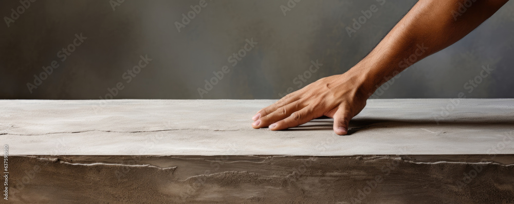 Strong capable hands shape the freshlypoured concrete in an almost ...
