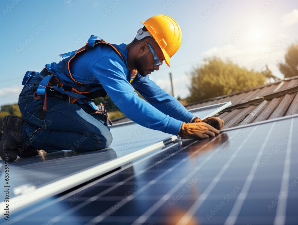 Wearing heavyduty gloves and a blue jumpsuit a Solar Panel Installer ...