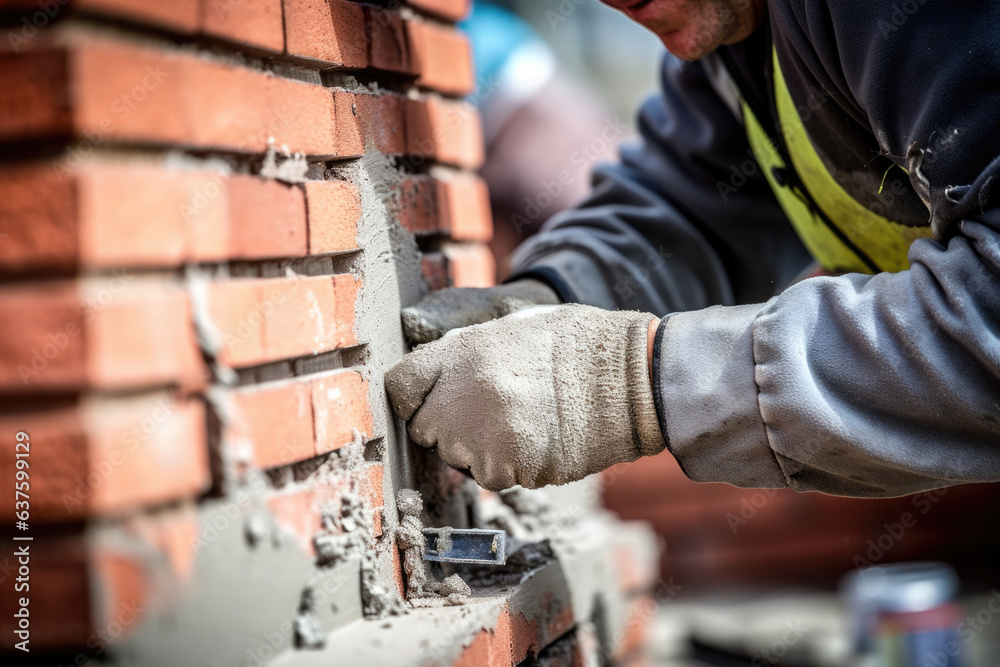 A Mason using a trowel to fill in the joints of a brick wall adding the ...