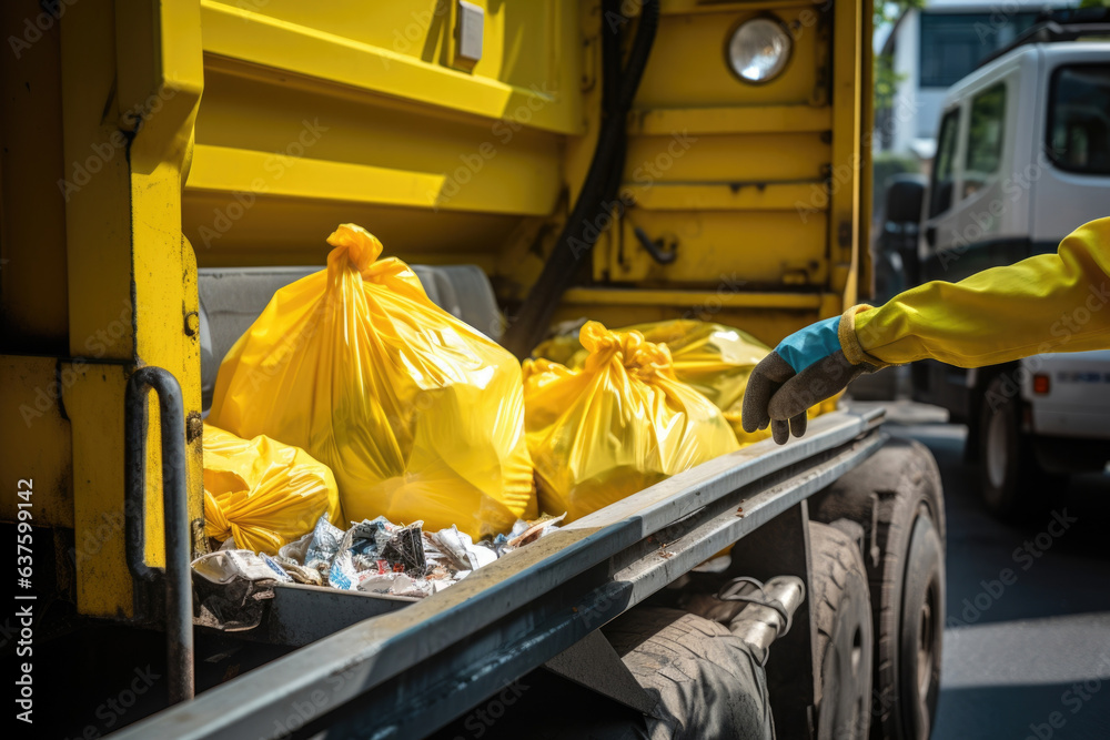 Dressed in their yellow work wear a Garbage Collector dutifully places ...