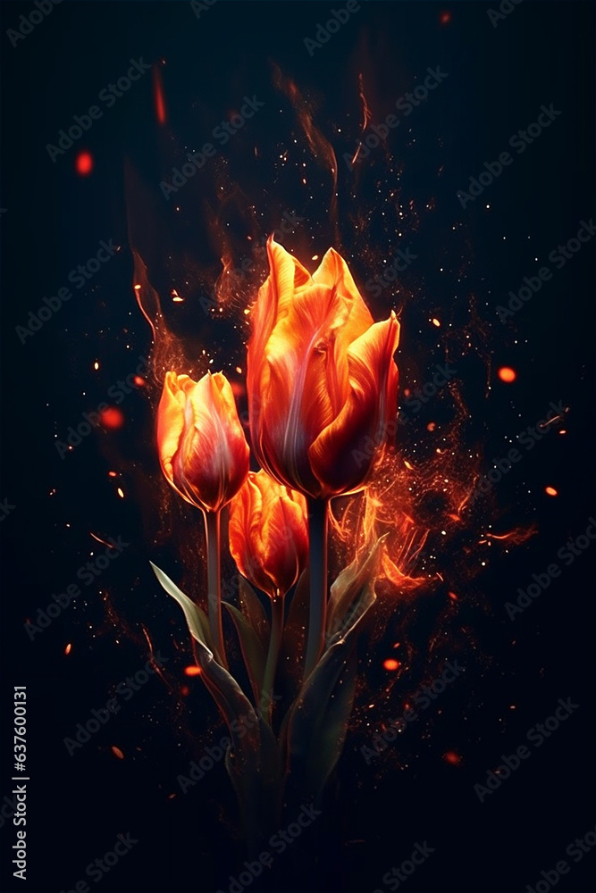 tulips burn with orange flames with sparks of fire on a black ...