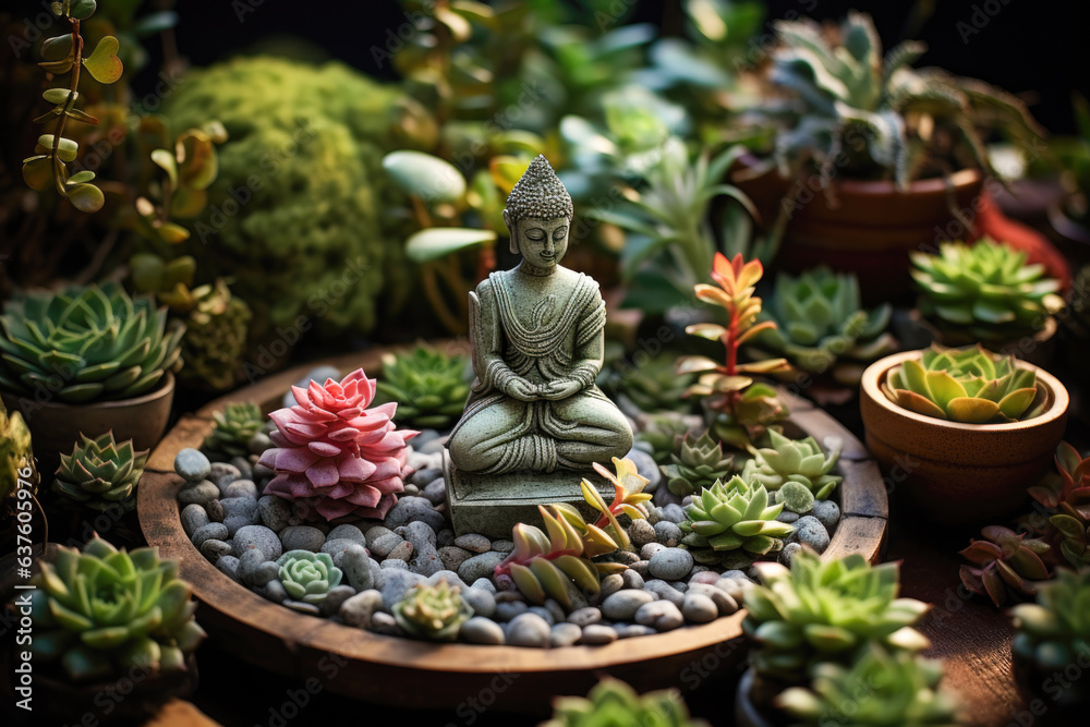 A miniature zen garden with a Buddha statue in the center. The Buddha ...