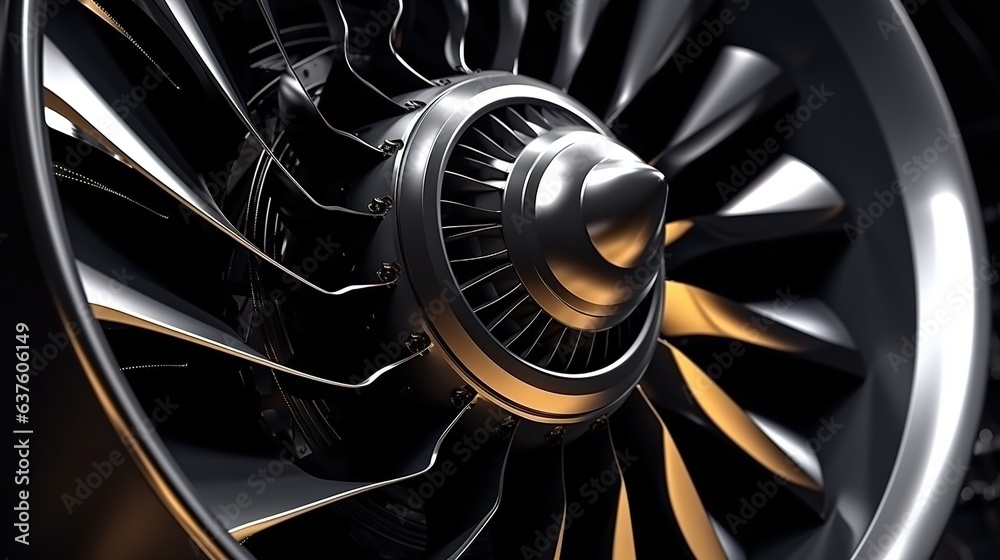 Turbofan engine, modern. A close-up of an aircraft's turbojet on a ...