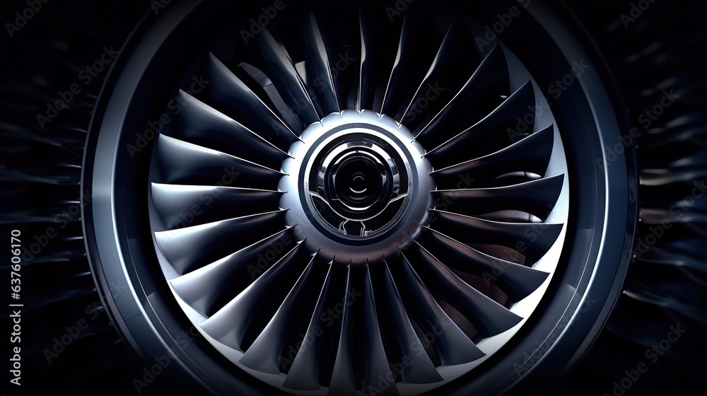 Modern turbofan engine. close up of turbojet of aircraft on black ...