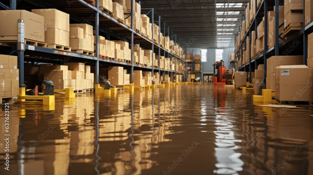 Flooded warehouse with cardboard boxes floating on water due to ...