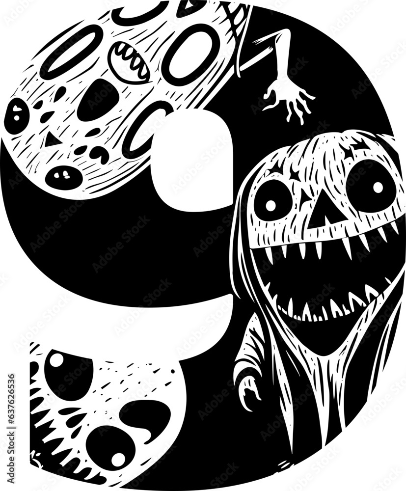 Number 9 alphabet with creepy Halloween ghost pattern. Stock Vector ...