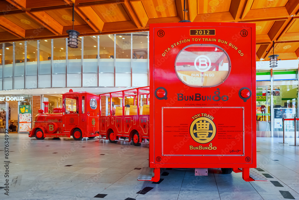 Oita, Japan - Nov 26 2022:The famous Japanese toy train, Bun Bun Go, operated inside the central ...