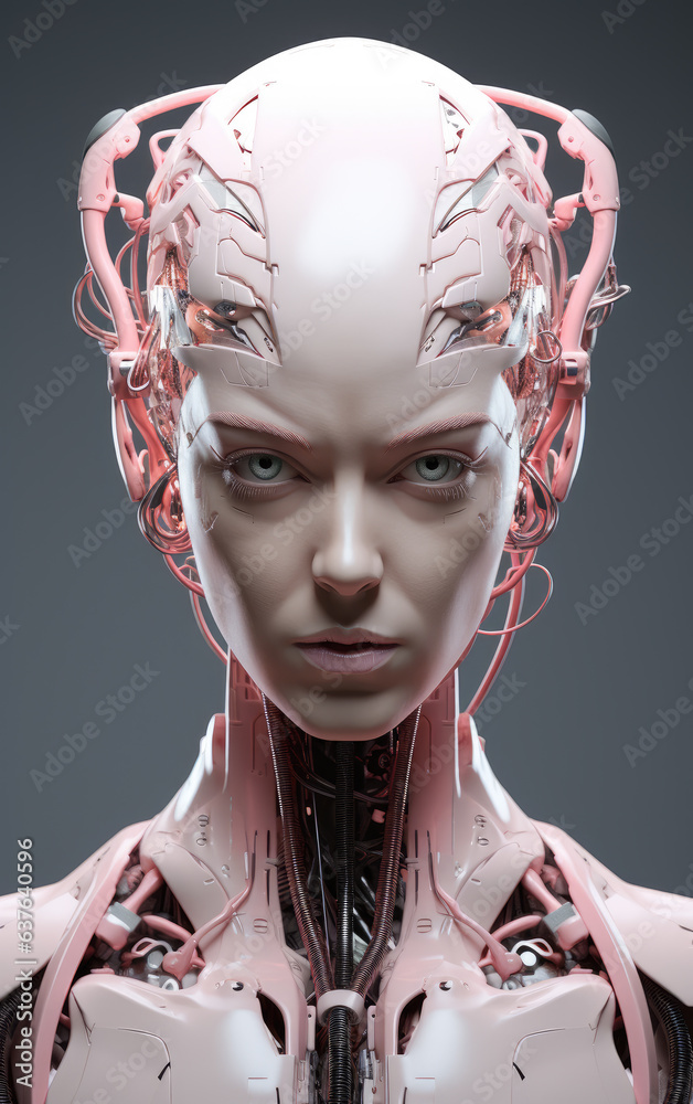 Android Robot Face Portrait On Gray Background And Pastel Pink Colors Artificial Intelligence