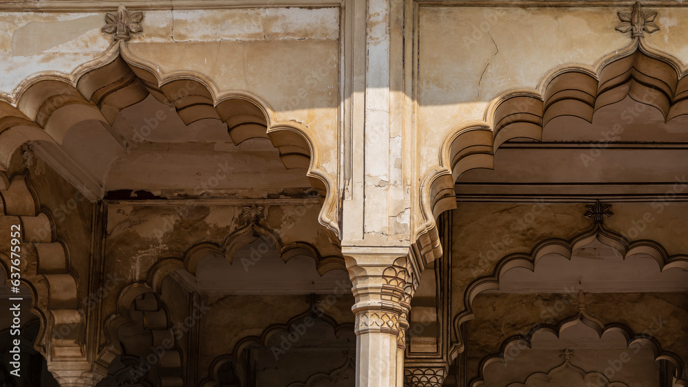 Details of ancient Indian architecture. The carved columns and openwork ...