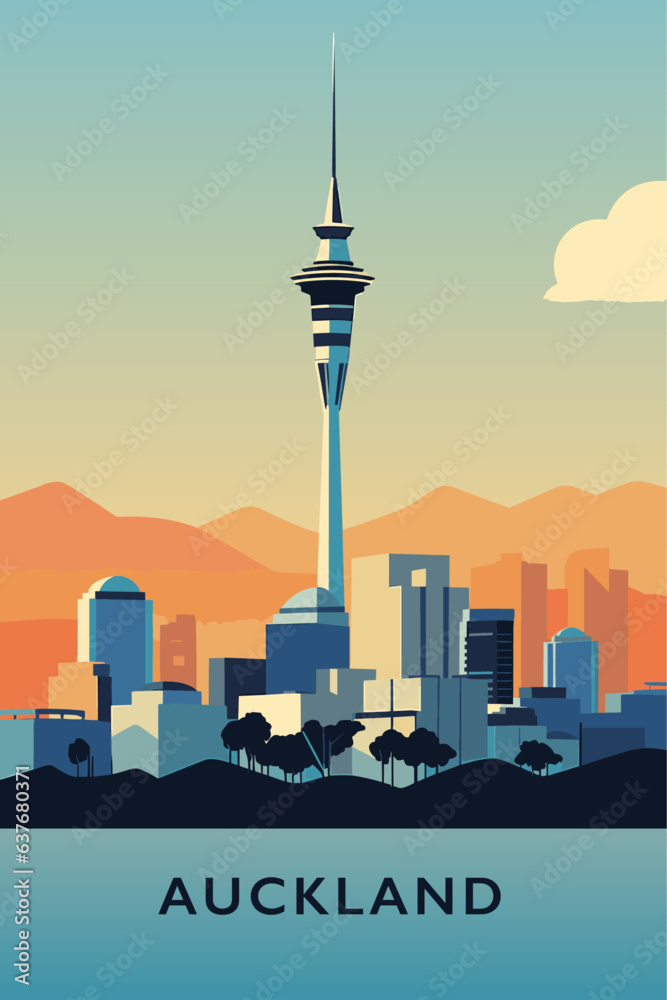 New Zealand Auckland city retro poster with abstract shapes of skyline ...