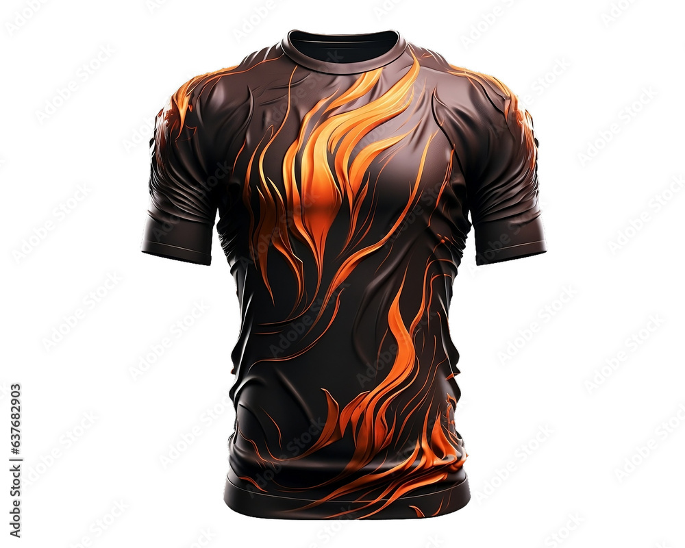 Black 3d jersey mockup with yellow and red flames pattern on clear ...