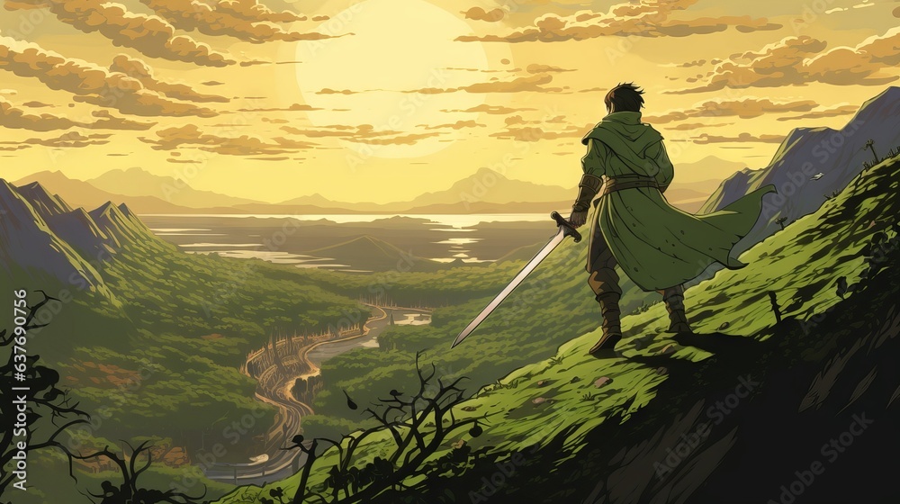 A anime scene of a man slashing a sword on a green hill - silhouette of ...