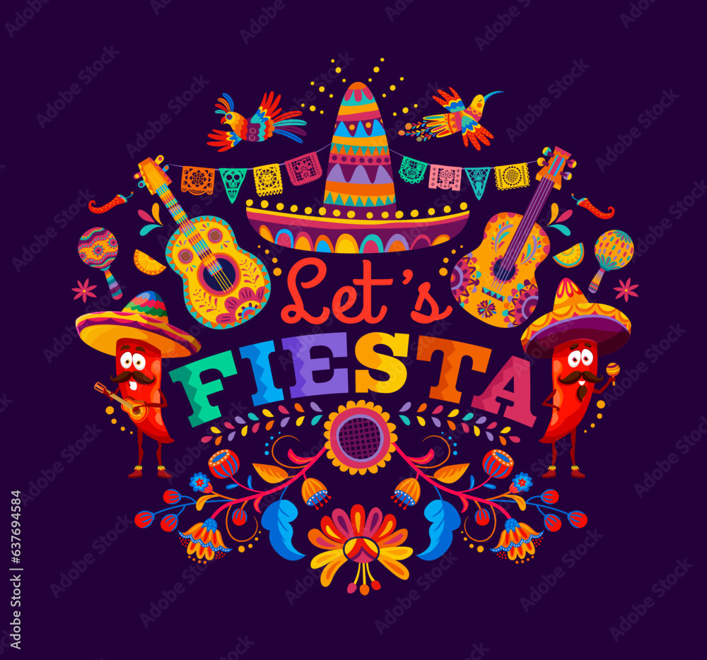 Mexican fiesta party banner with pepper mariachi, sombrero and guitars ...