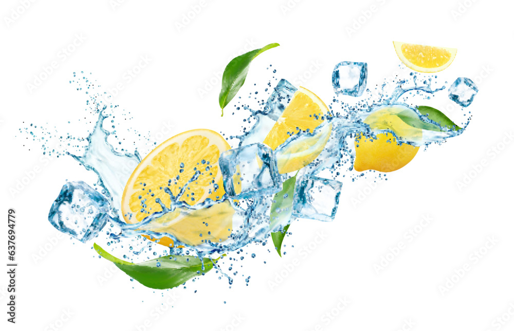 Realistic lemon fruit with green leaves, water splash and ice cubes ...