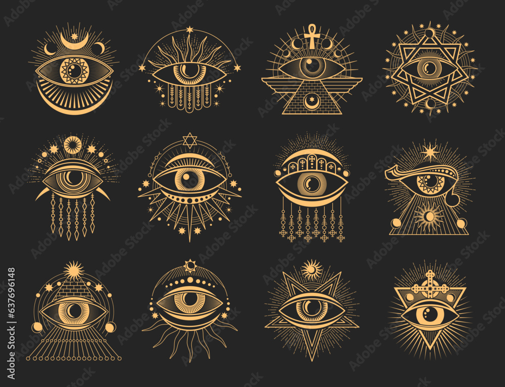 Eye tattoo occult and esoteric symbols. Mason and magic tarot signs ...