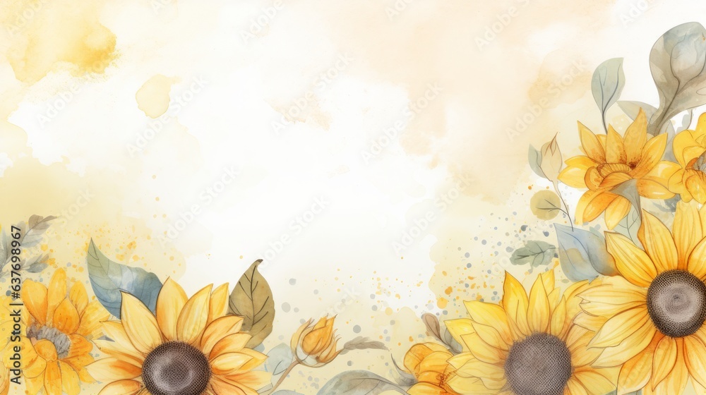 Watercolor sunflowers around border background. Watercolor floral ...