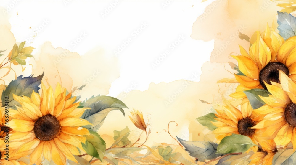 Watercolor sunflowers around border background. Watercolor floral ...