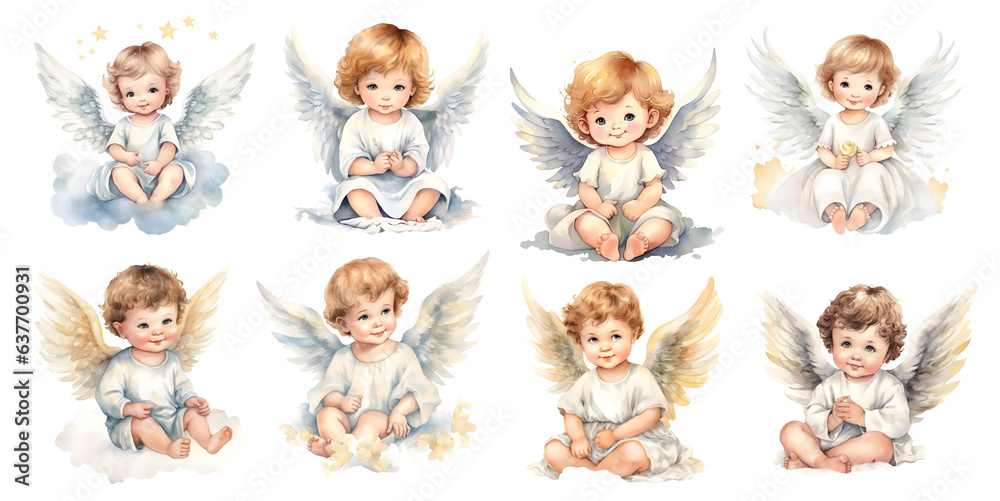 set of cute little Angels on transparent Background in watercolor ...