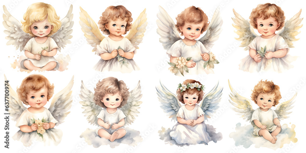set of cute little Angels on transparent Background in watercolor ...